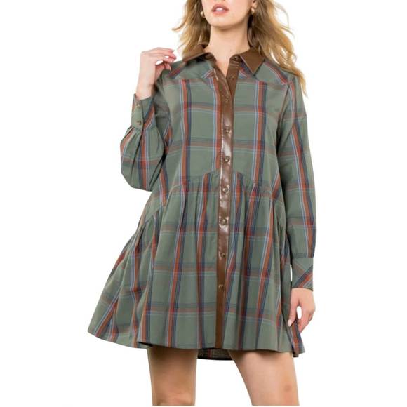 THML | Dresses | New Thml Plaid And Leather Dress In Green | Poshmark